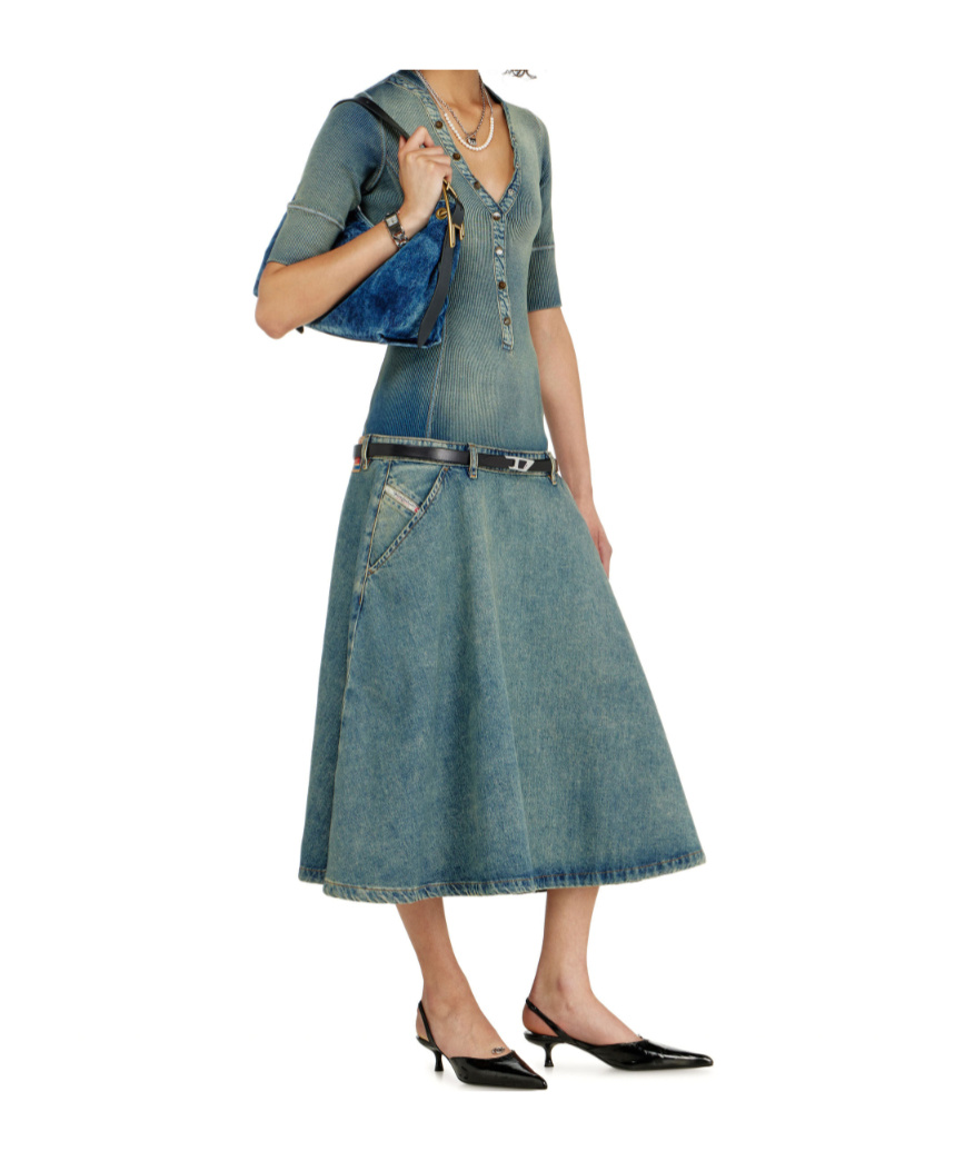 DIESEL® Diesel De-Anim-S Denim Midi Dress with Drop-Waist Silhouette